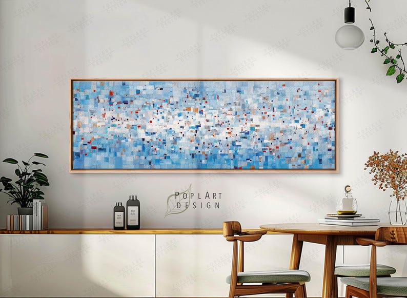 Horizontal Abstract Blue Color Blocks Painting: Largewide Framed Canvas ...