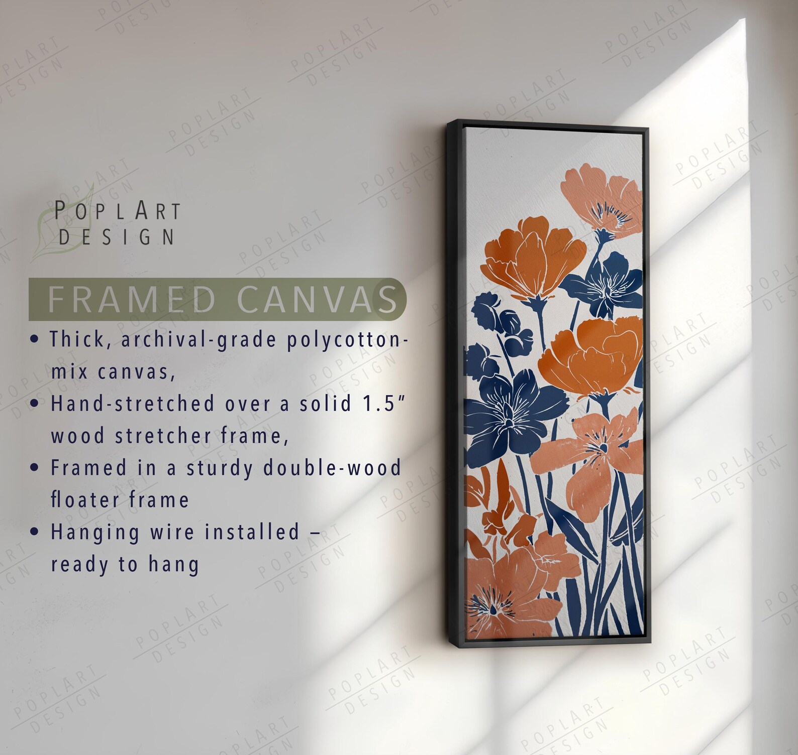 Long Narrow Midcentury Flowers: Large Framed Canvas, Vertical Wall ...
