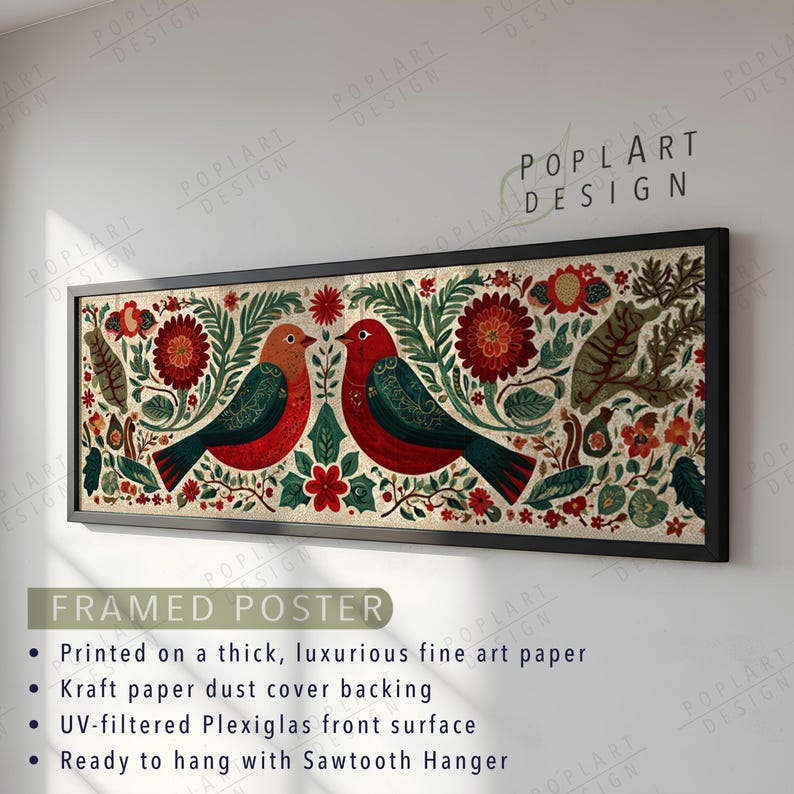Horizontal Wide Love Birds Wall Art: Red Green Floral Christmas Large ...