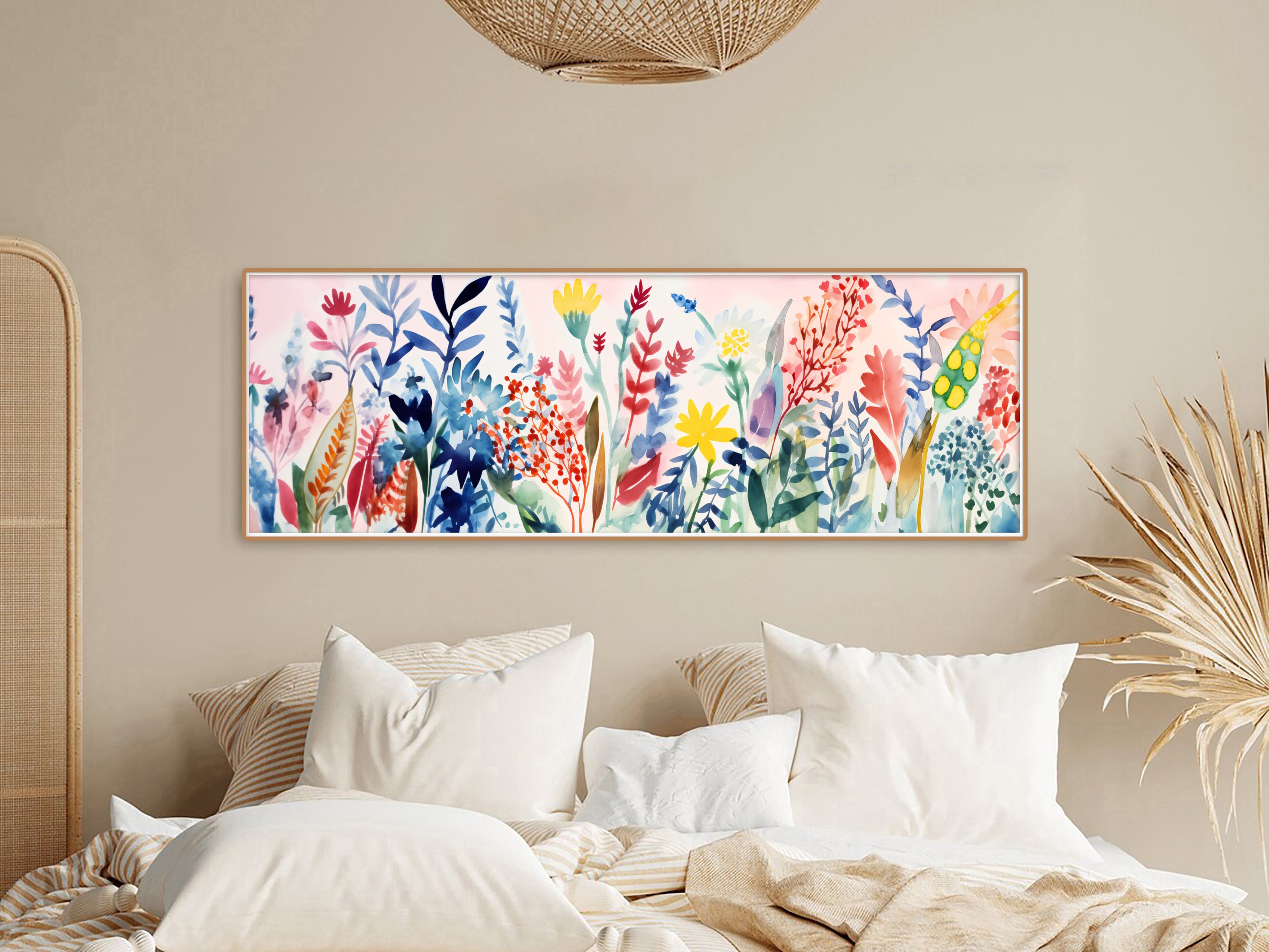 Minimalist Floral Wall Art, Long Horizontal Flowers Painting, Long ...