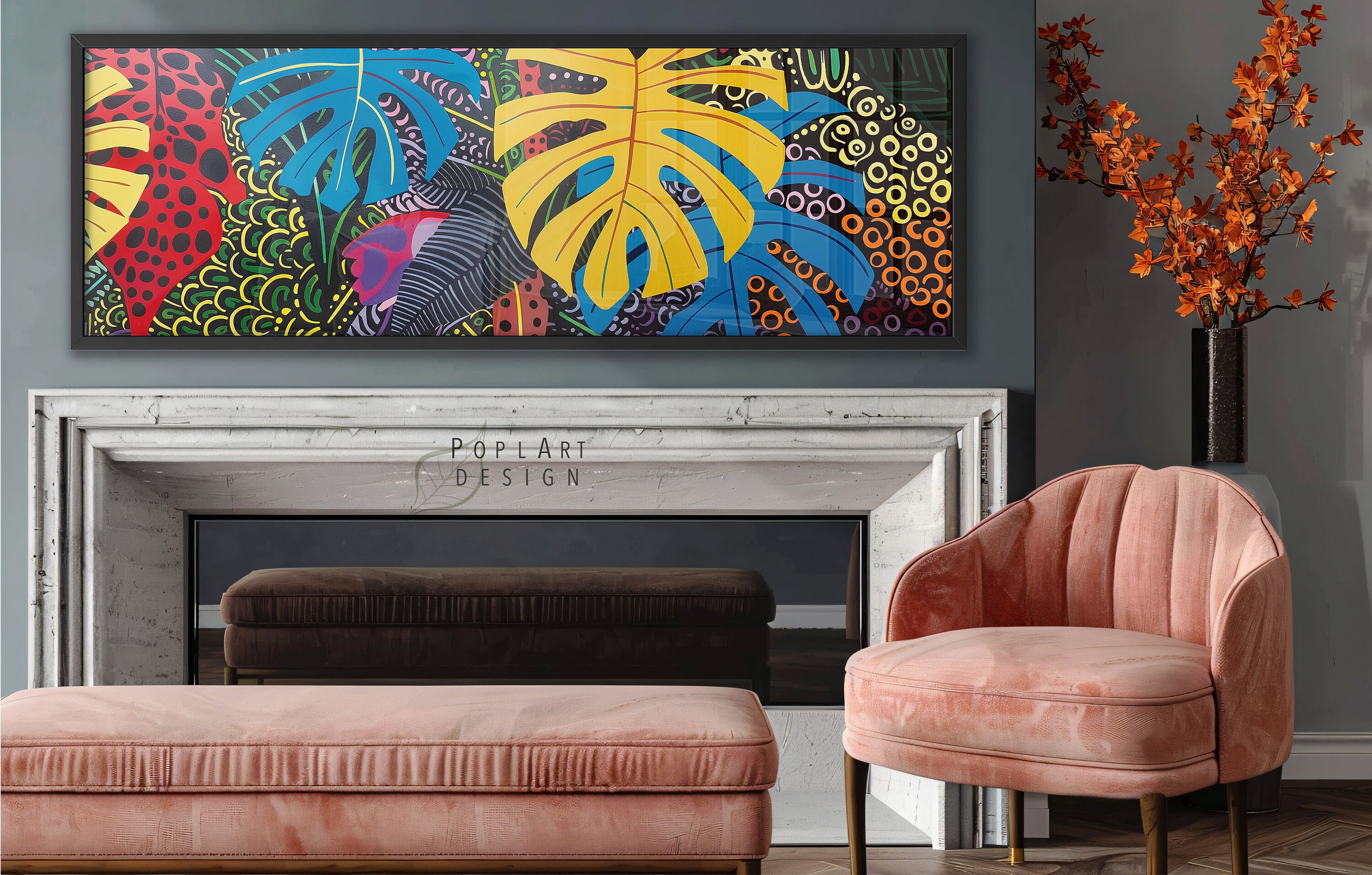 Long Horizontal Framed Wall Art, Colorful Monstera Art, Panoramic Wall ...