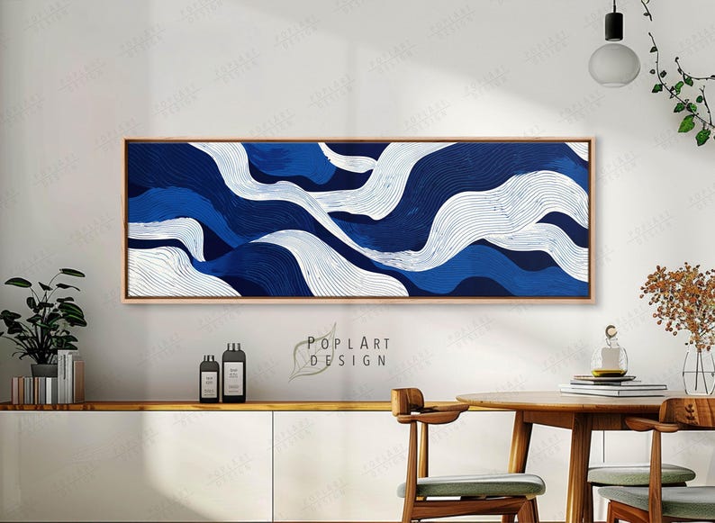 Blue and White Minimalist Wave Line Art: Horizontal Wide Framed Canvas ...