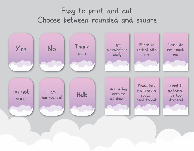 72 Pink Cloud Communication Cards Non-verbal Survival Kit ADHD, Autism ...