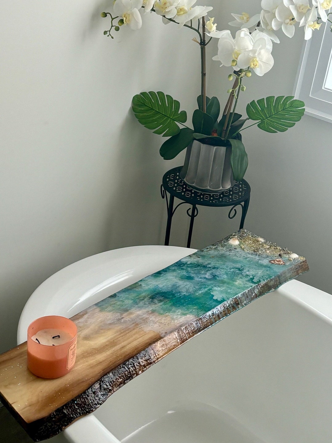 Bathtub Tray Epoxy Bath Caddy Oak Wood Board Bathroom Beach Decor - Etsy