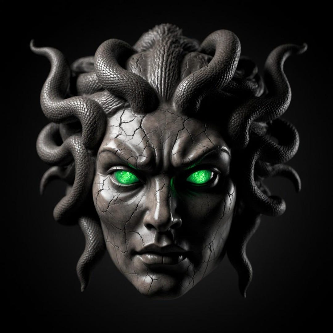 Mythical Medusa Gorgon Stone Mask With Serpent Hair and Glowing Eyes ...