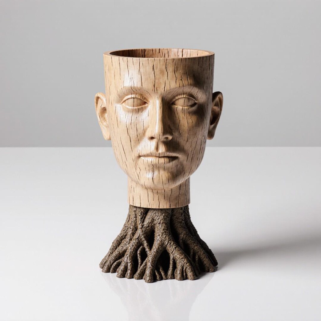 Vaso de rosto humano para impressão 3D: Base de raiz de madeira ...