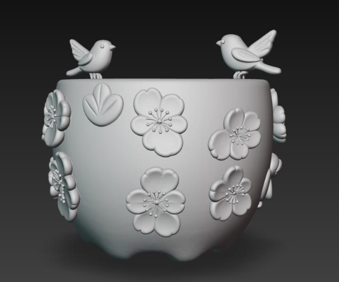 Cute Blossom Planter STL File – Kawaii Flower Pot With Birds, Digital ...