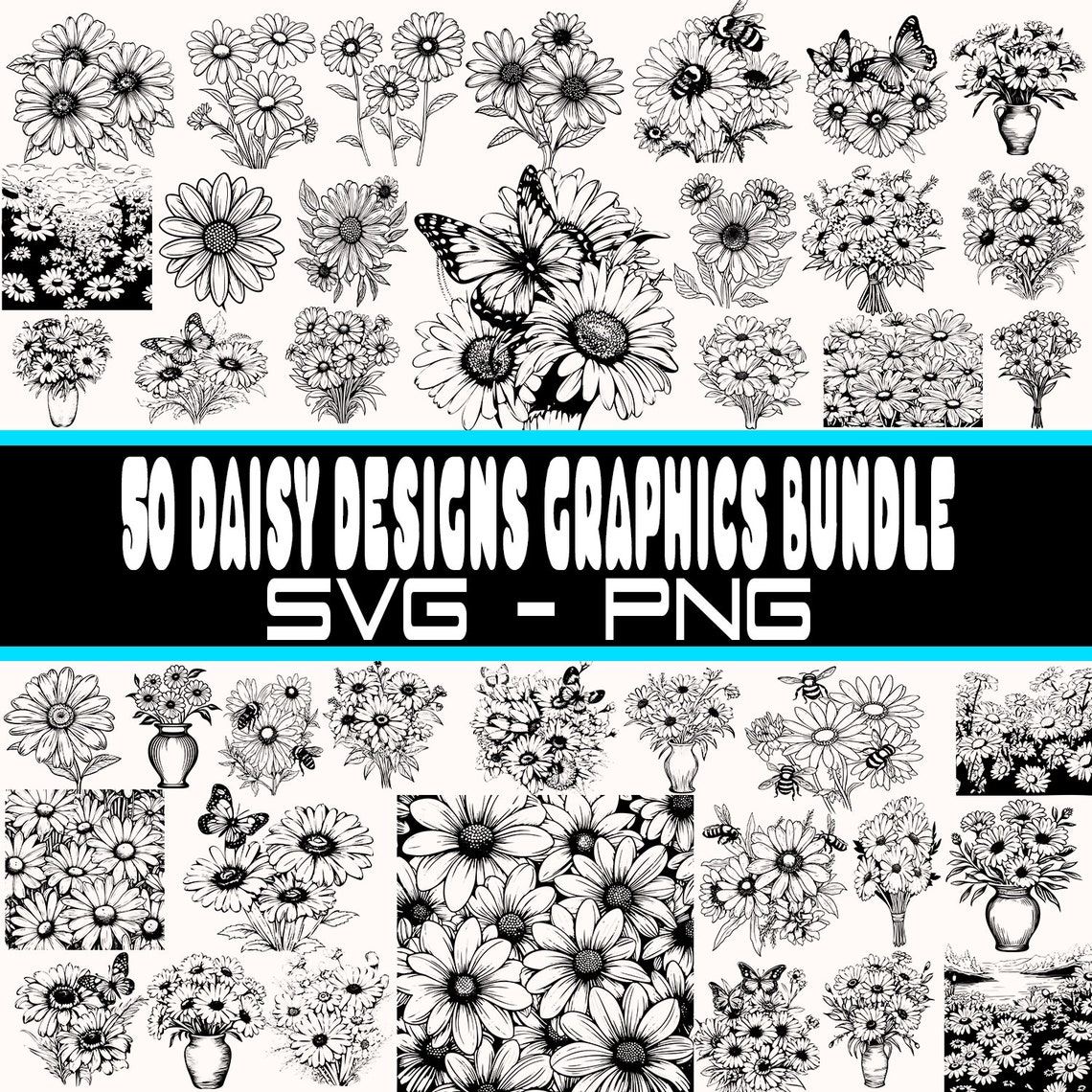 50 Daisy Flower Designs Bundle, Daisy PNG Files, Daisy Svgs, Instant ...
