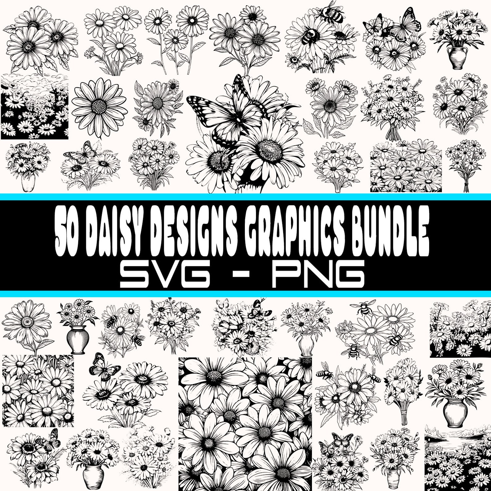 50 Daisy Flower Designs Bundle, Daisy PNG Files, Daisy Svgs, Instant ...