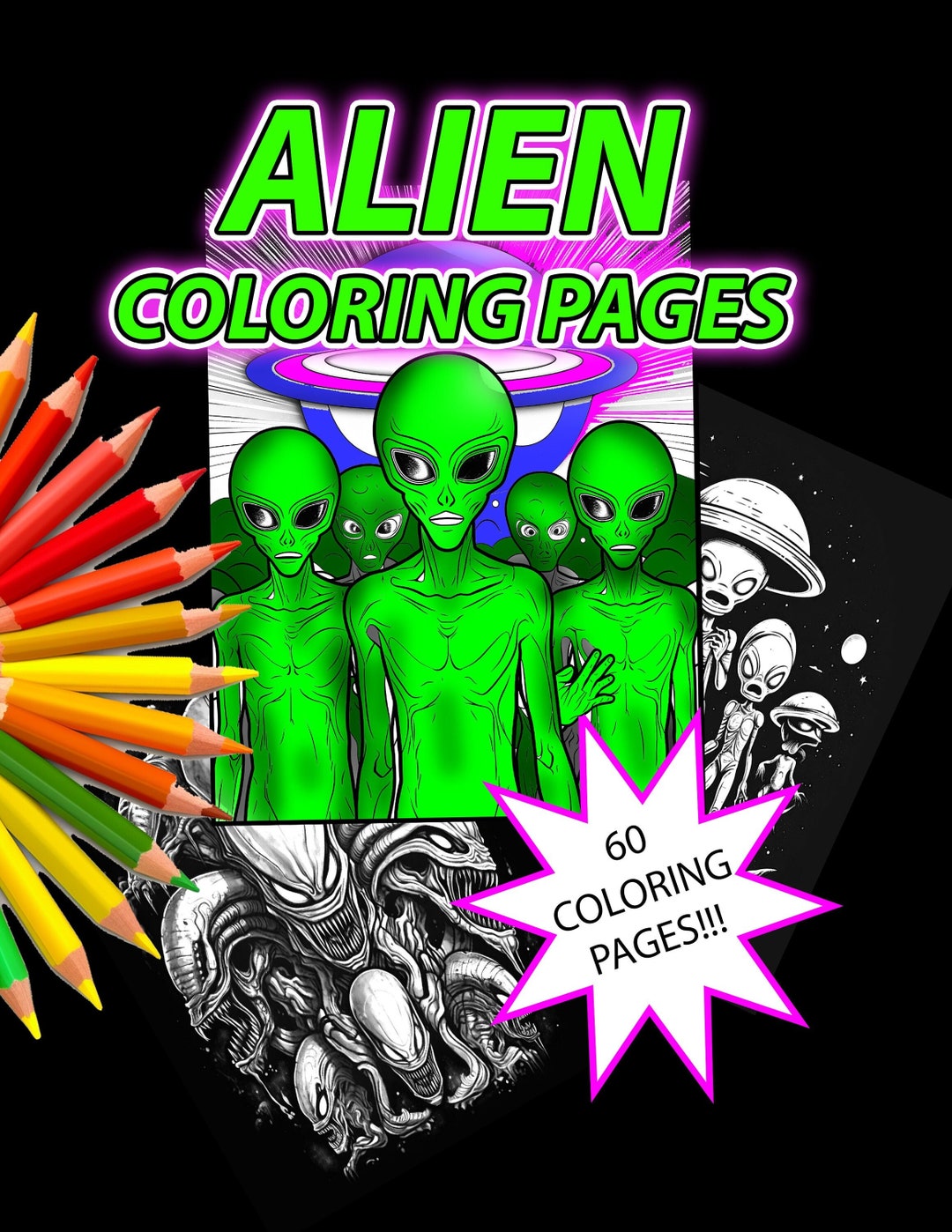 Alien Coloring Pages Bundle, Space Ship Coloring, Astronaut, 60 Pages ...