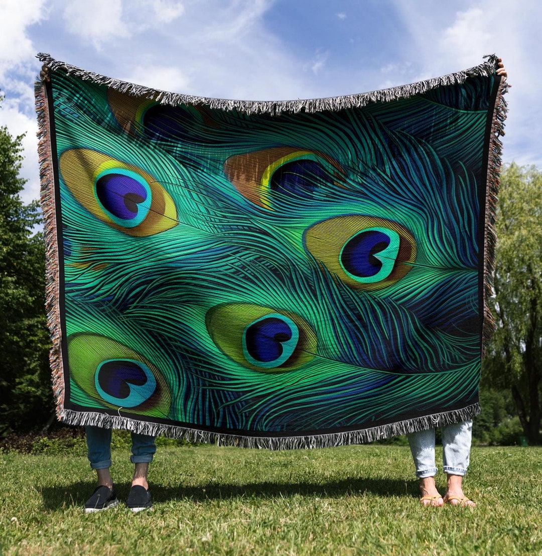 Peacock Feather Cozy Woven Throw Blanket, Peacock Blanket, Bird Feather ...