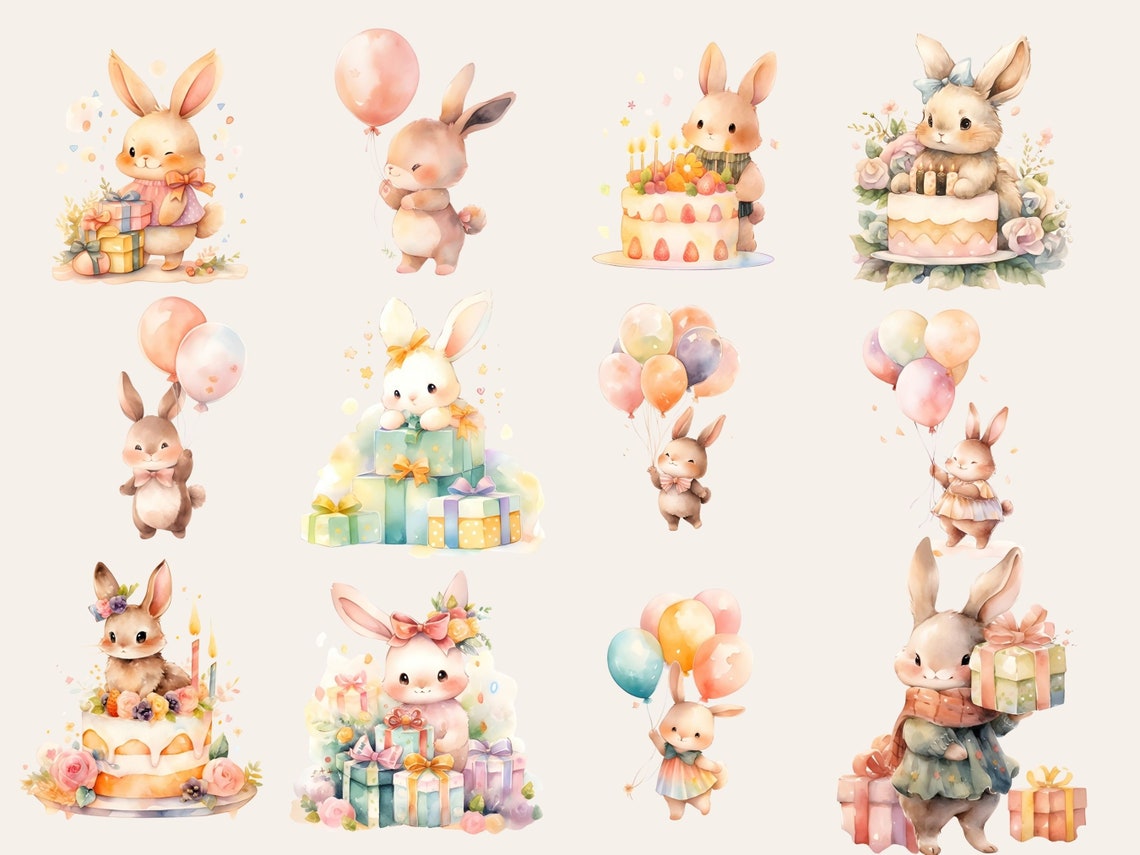 Watercolor Cute Bunny Bundle Clipart PNG Commercial Use Instant ...