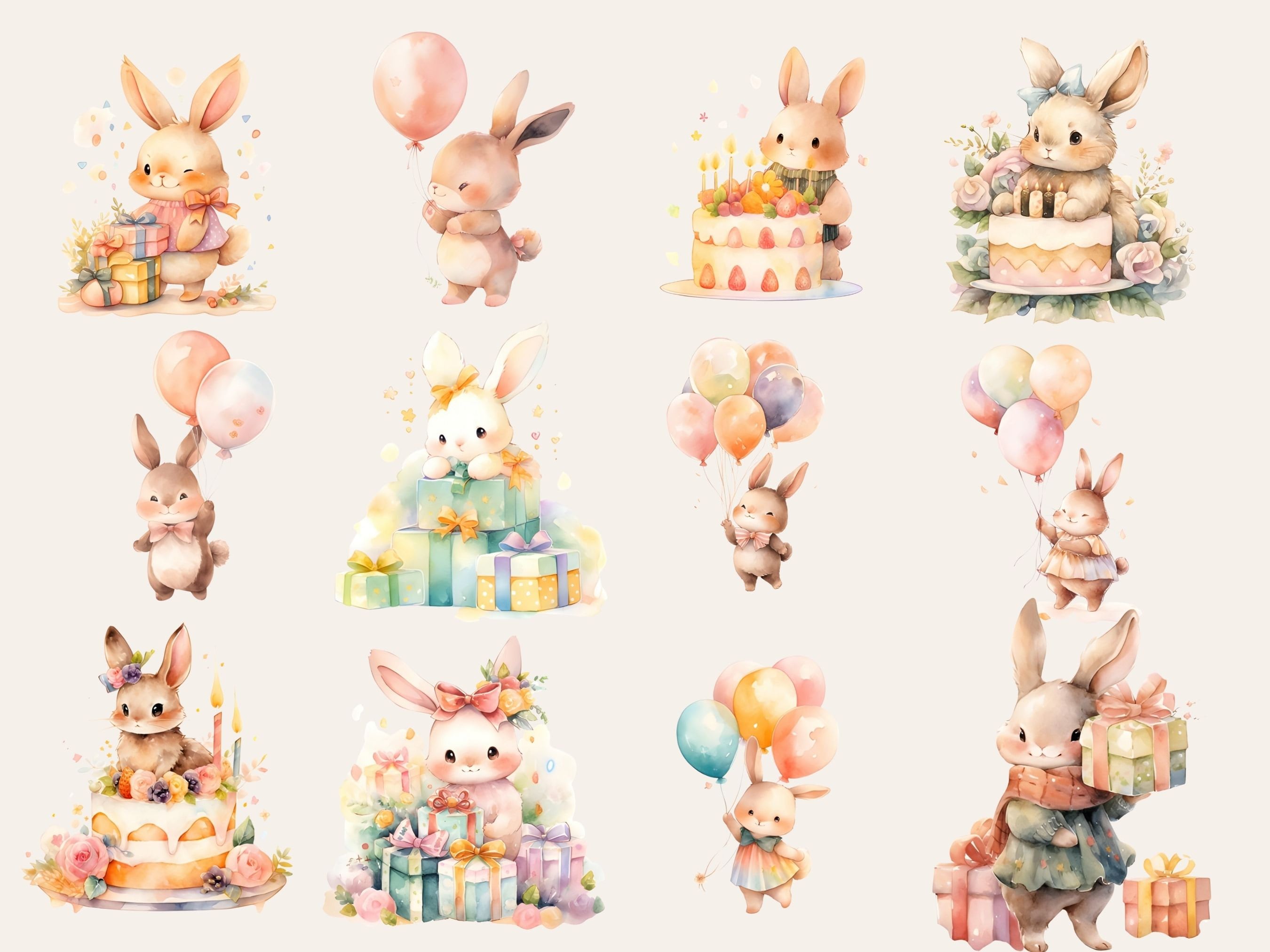 Watercolor Cute Bunny Bundle Clipart PNG Commercial Use Instant ...