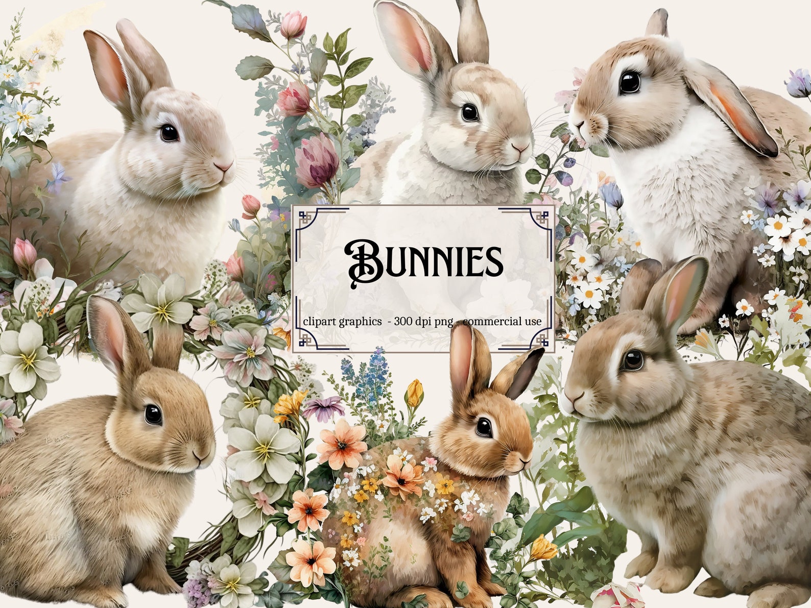 Bunny Floral Bunnies Clipart 10 High Quality PNG Nursery - Etsy