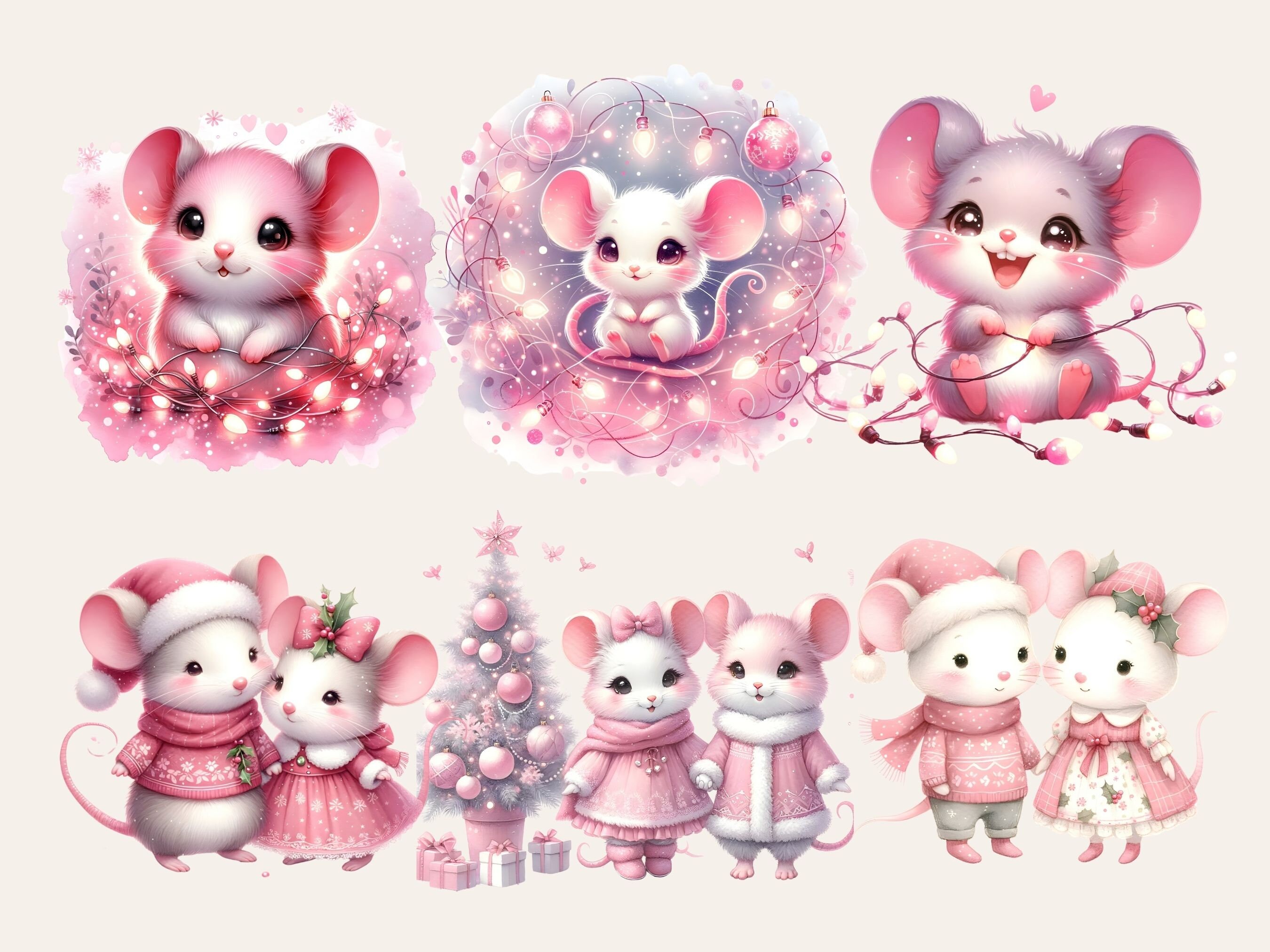Pink Christmas Mice PNG Clipart, Watercolor Pastel Mouse Holiday Bundle ...