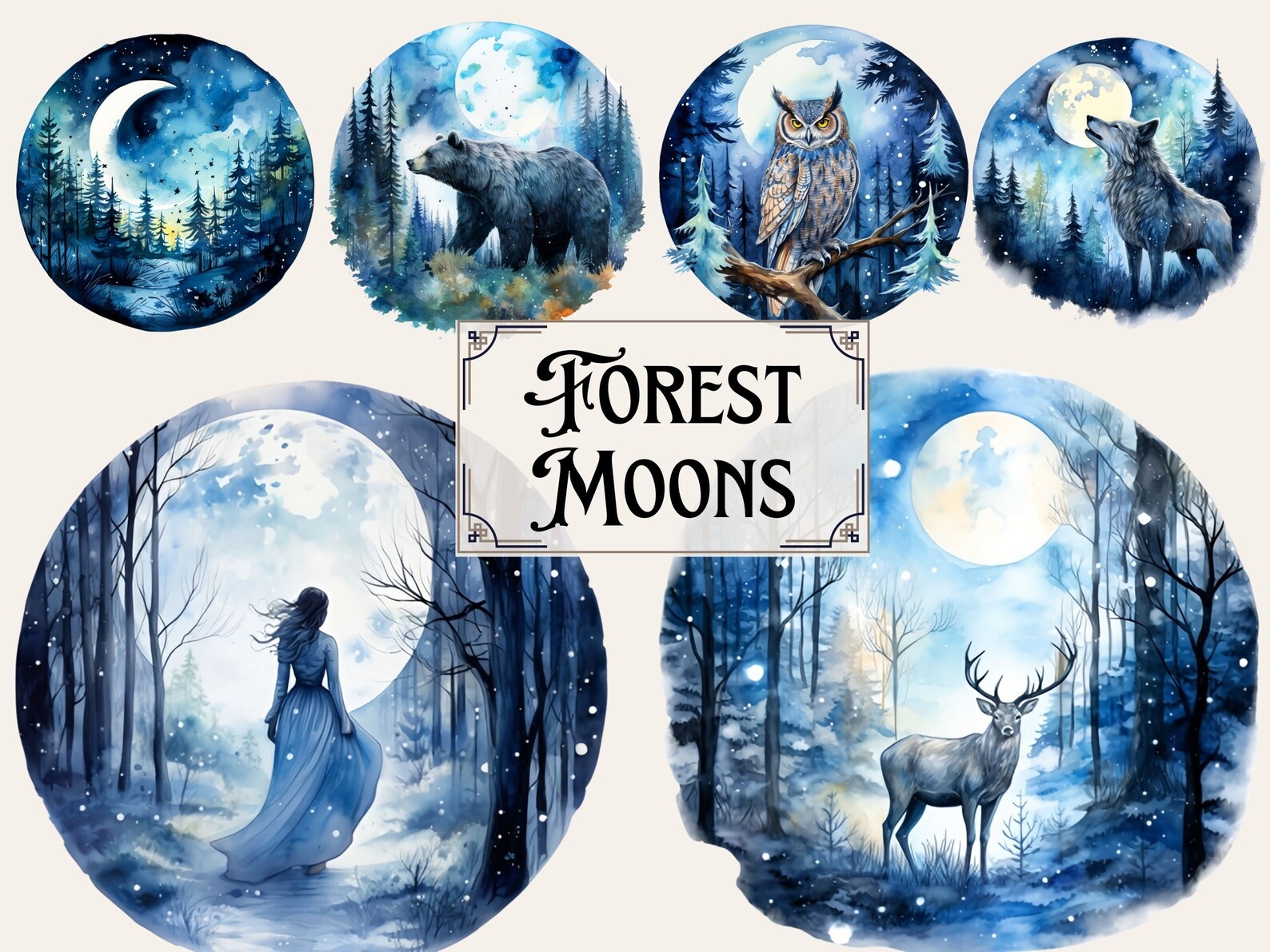 Forest Moons Watercolor Clipart Bundle PNG Mystical Woodland Images ...