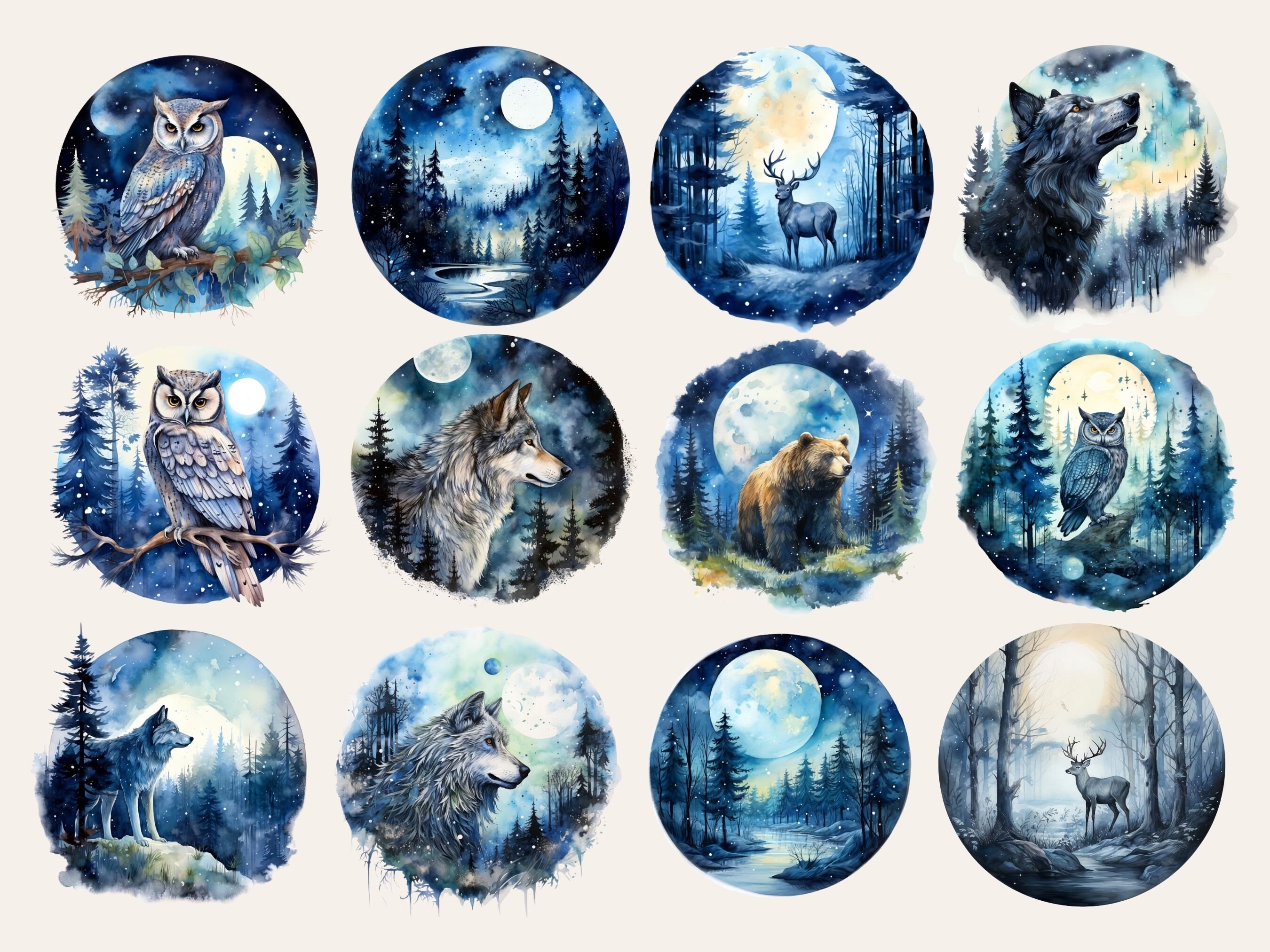 Forest Moons Watercolor Clipart Bundle PNG Mystical Woodland Images ...
