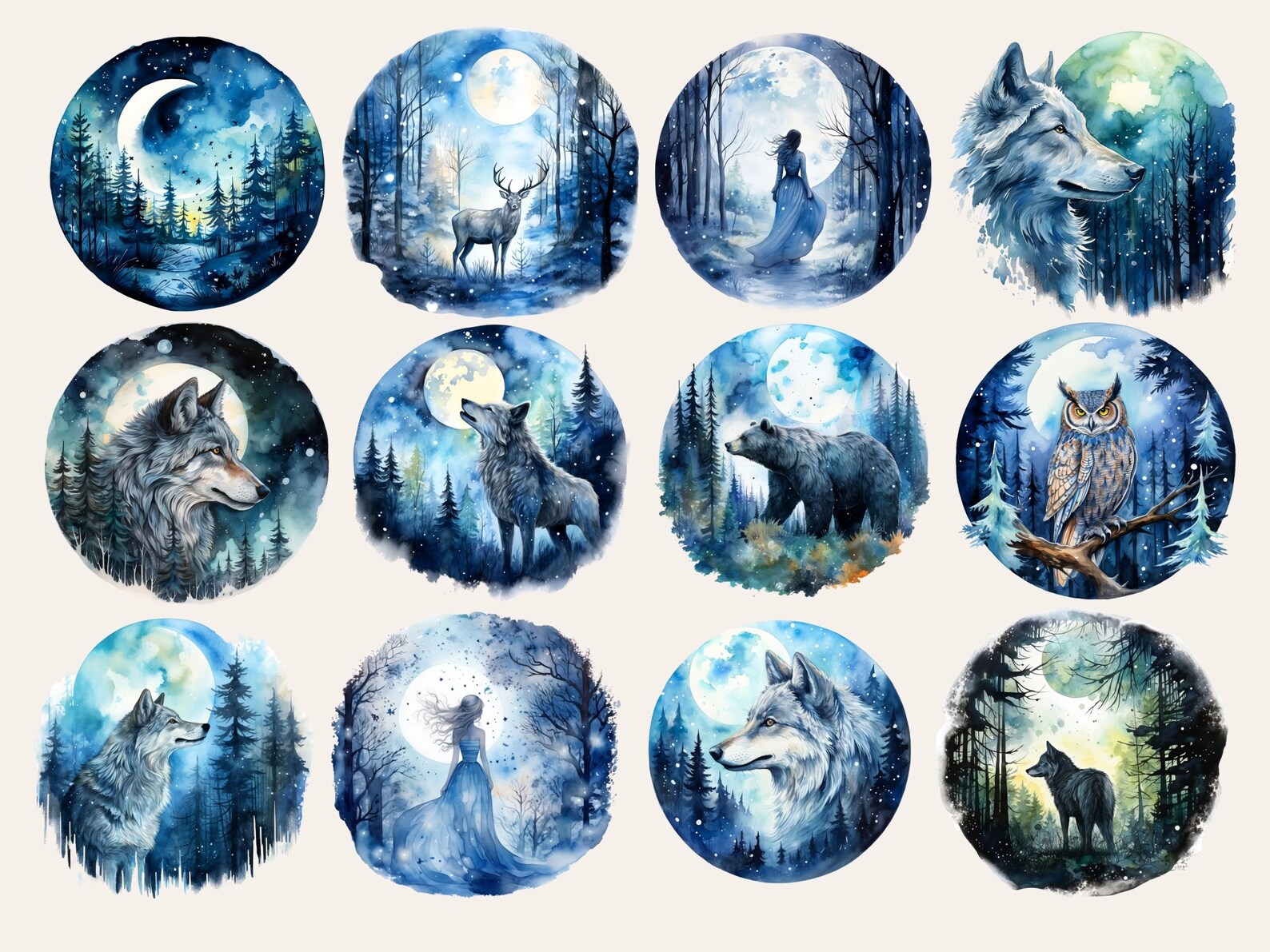 Forest Moons Watercolor Clipart Bundle PNG Mystical Woodland Images, Enchanted Night Graphics ...