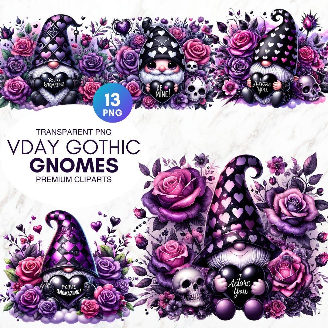 Watercolor Gothic Valentines Day Floral Gnome Clipart PNG Bundle ...