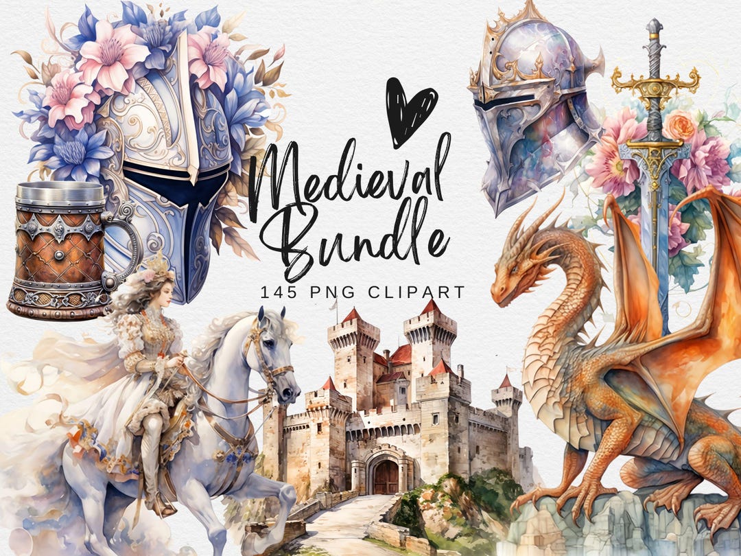 Watercolor Medieval Clipart Bundle PNG, Knights, Castles, Princess ...