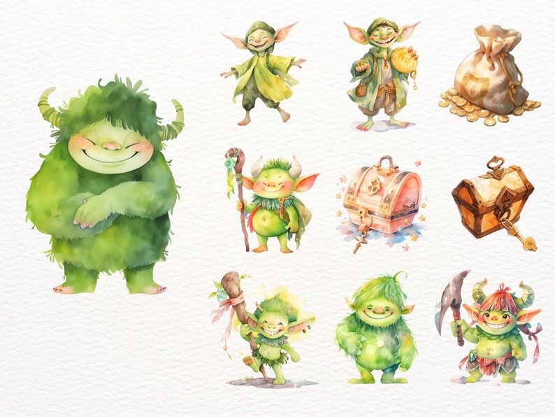 Magic School Goblins and Trolls Clipart, Magical Clipart, Cute Goblins, Cute Trolls, Watercolor ...