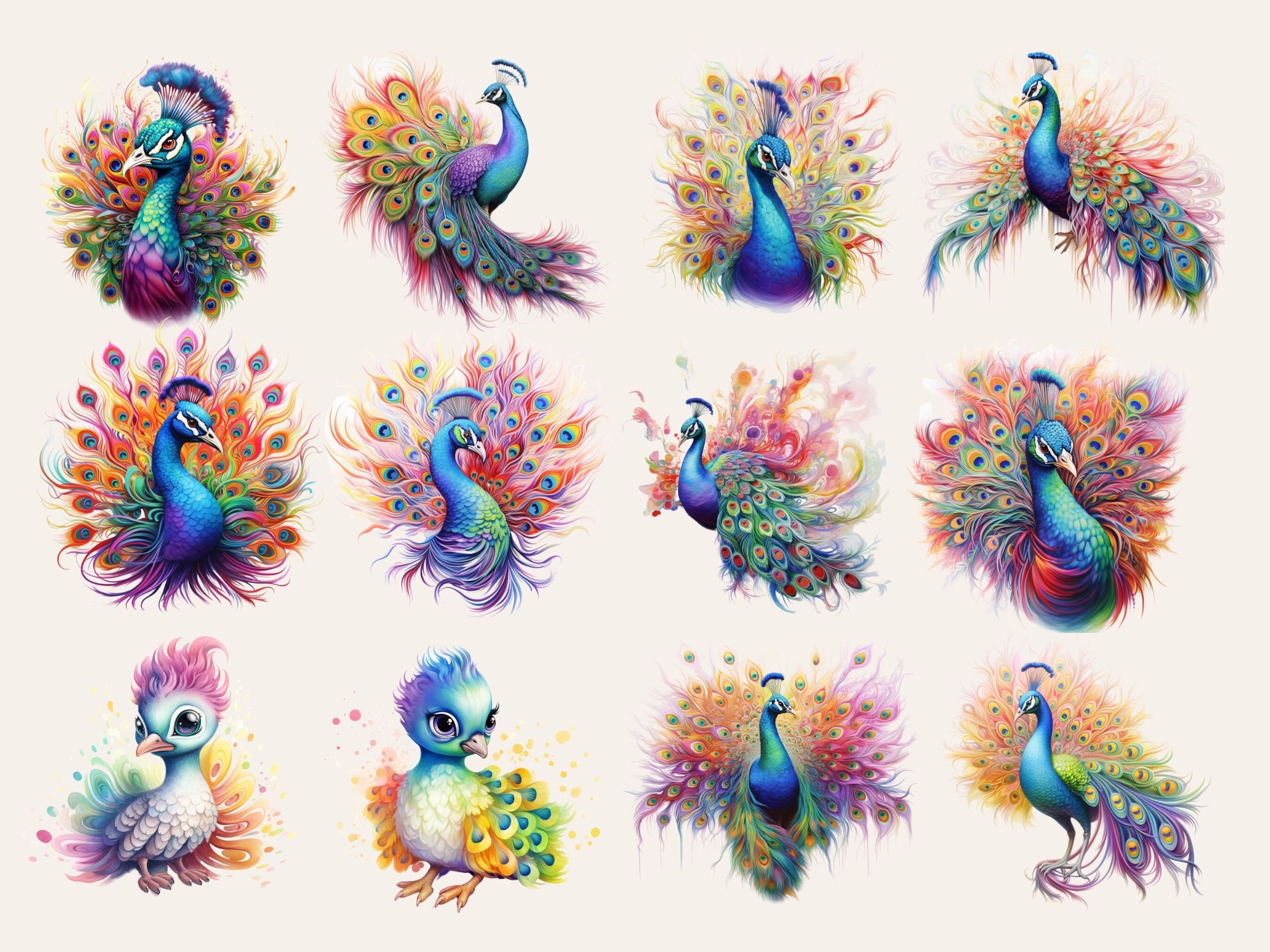 Peacocks Watercolor Clipart Bundle PNG Images, Majestic Bird Graphics ...