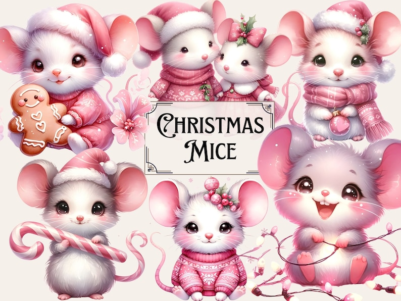 Pink Christmas Mice PNG Clipart, Watercolor Pastel Mouse Holiday Bundle ...
