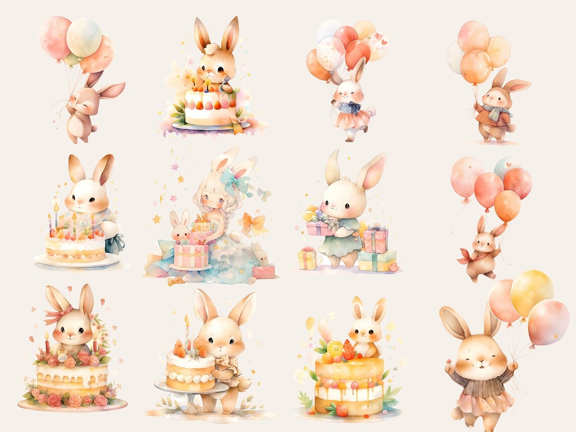 Watercolor Cute Bunny Bundle Clipart PNG Commercial Use Instant ...