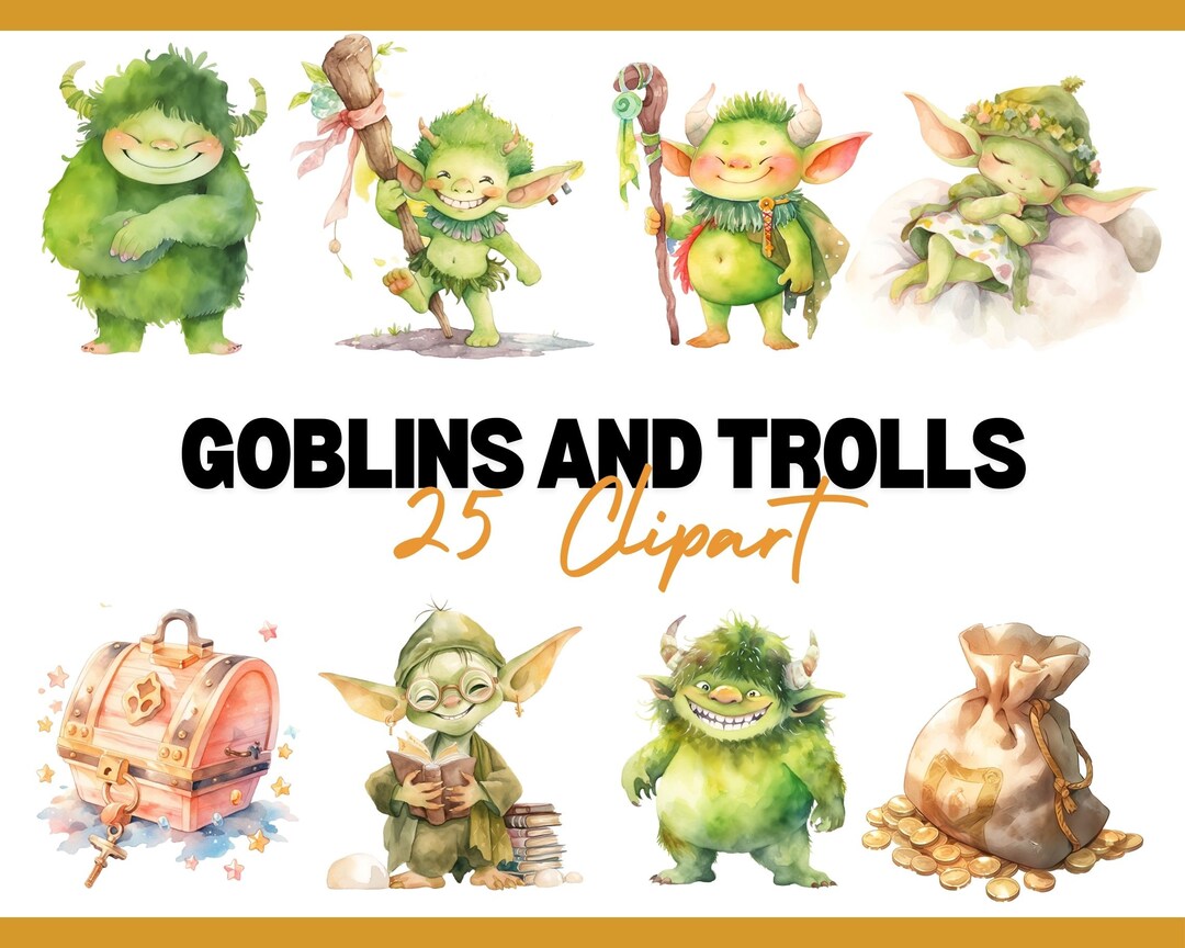 Magic School Goblins and Trolls Clipart, Magical Clipart, Cute Goblins, Cute Trolls, Watercolor ...