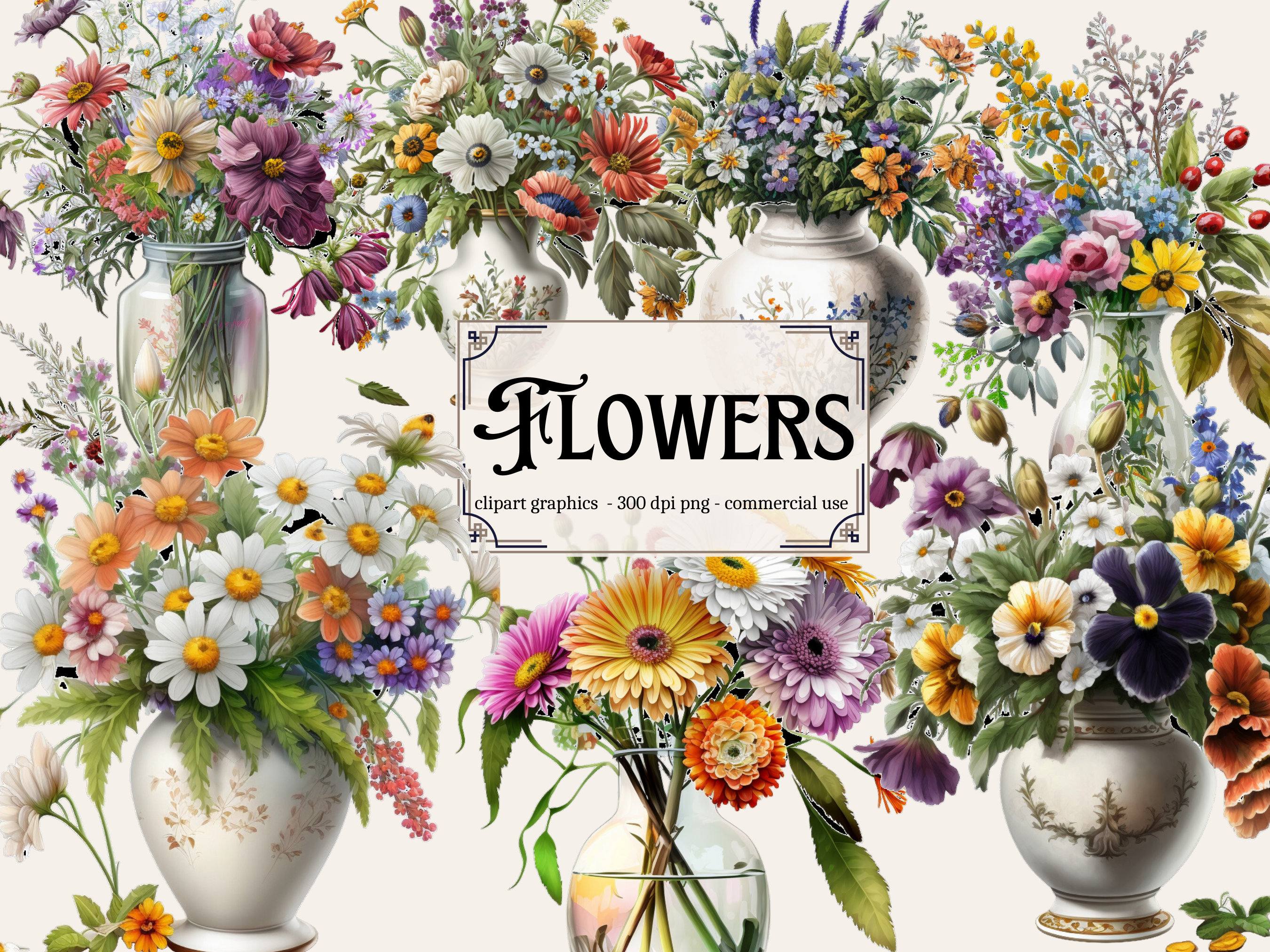 Vase of Flowers Clipart Flower Bunch, Wall Art Digital Download Card ...
