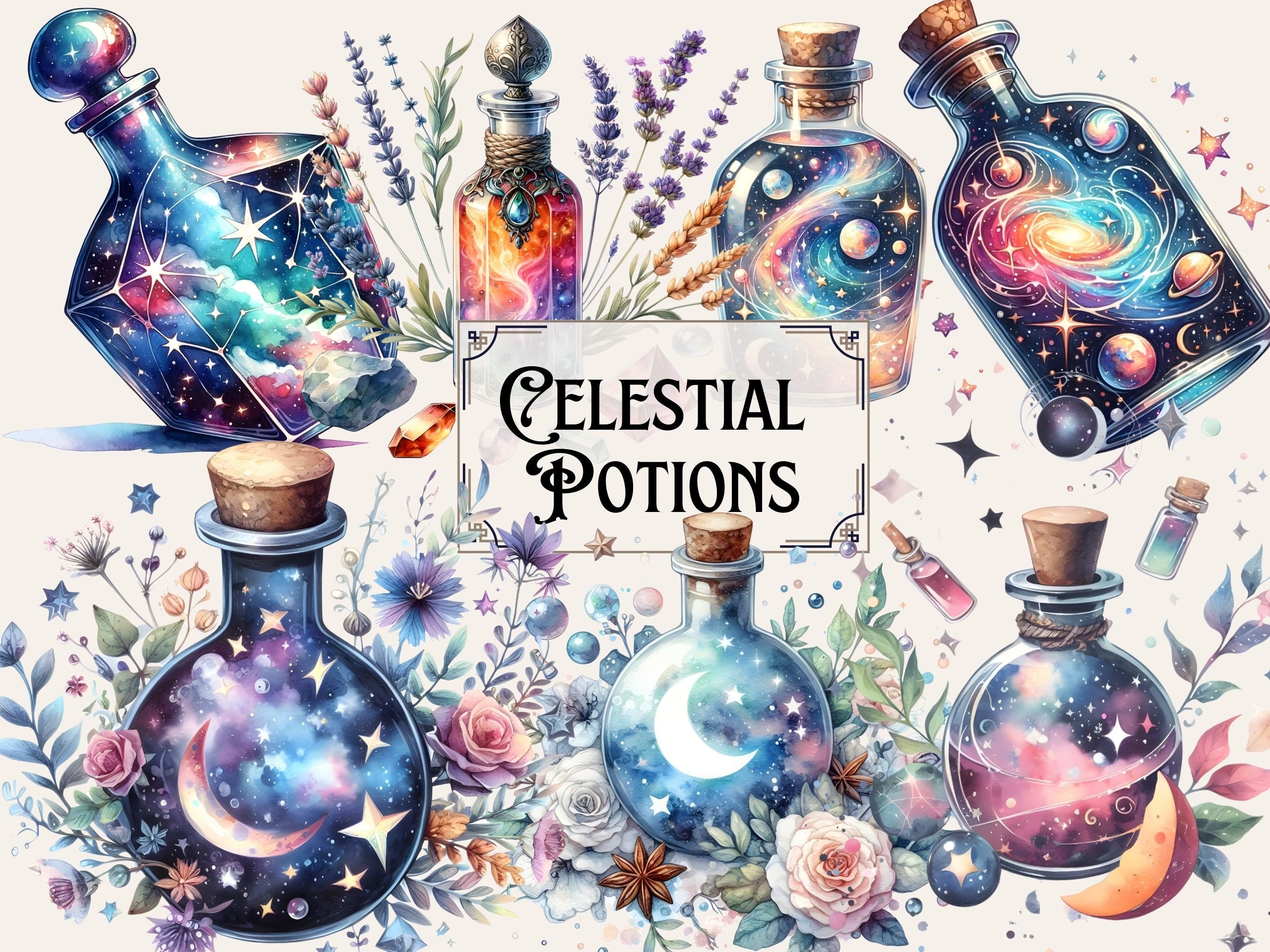 Celestial Potions Watercolor Clipart, Wizard School Watercolour Clip Art, Magical Witchcraft ...