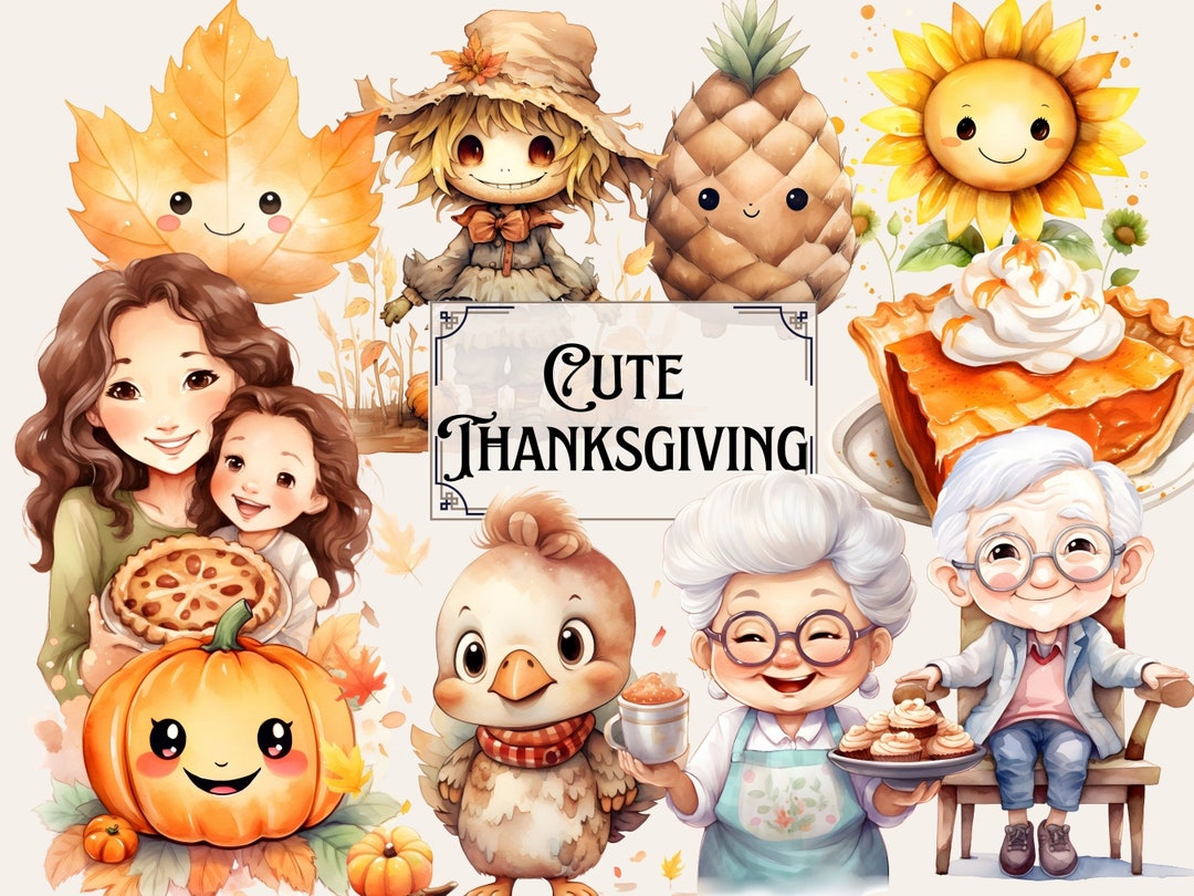 Watercolor Thanksgiving Cute Turkey Scarecrow Fall Pumpkin Pie Holiday ...