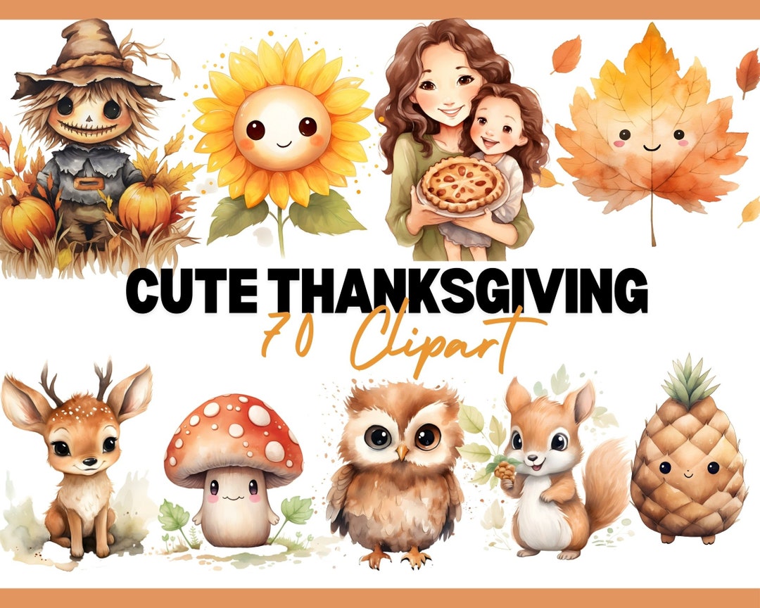 Watercolor Thanksgiving Cute Turkey Scarecrow Fall Pumpkin Pie Holiday ...