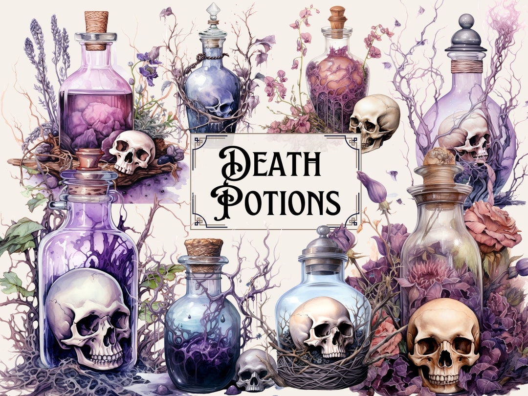 Death Potion Clipart, Halloween Witch Skull Poison Bottles, Witchcraft ...