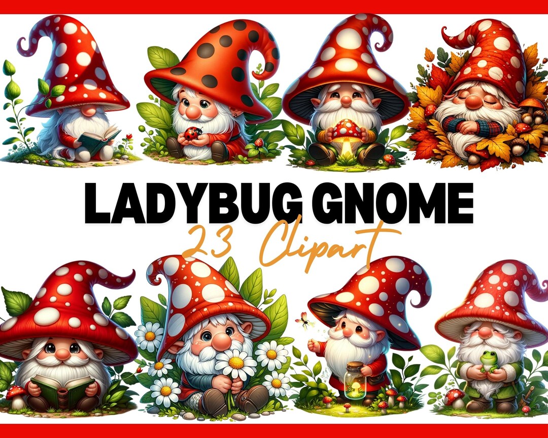 Ladybug Gnome Clipart Bundle, Gnome Clipart, Garden Gnome, Spring Gnome ...