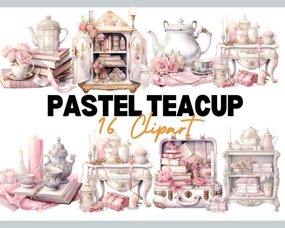 Watercolor Pastel Tea Clipart, Blush Pink Tea Cups, Cozy Tea Clip Art ...