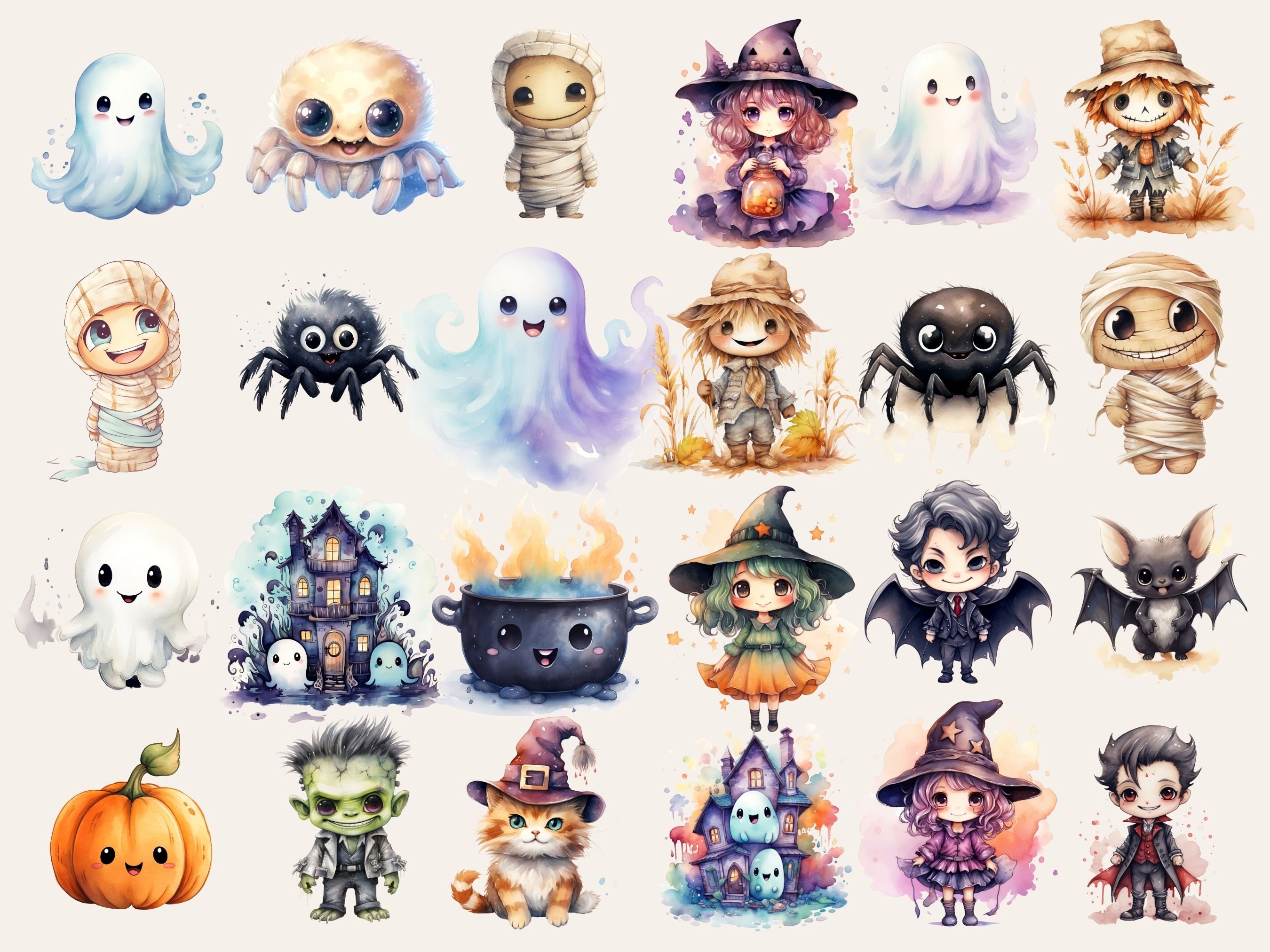 Watercolor Halloween Cute Ghost Vampire Bat Frankenstein - Etsy