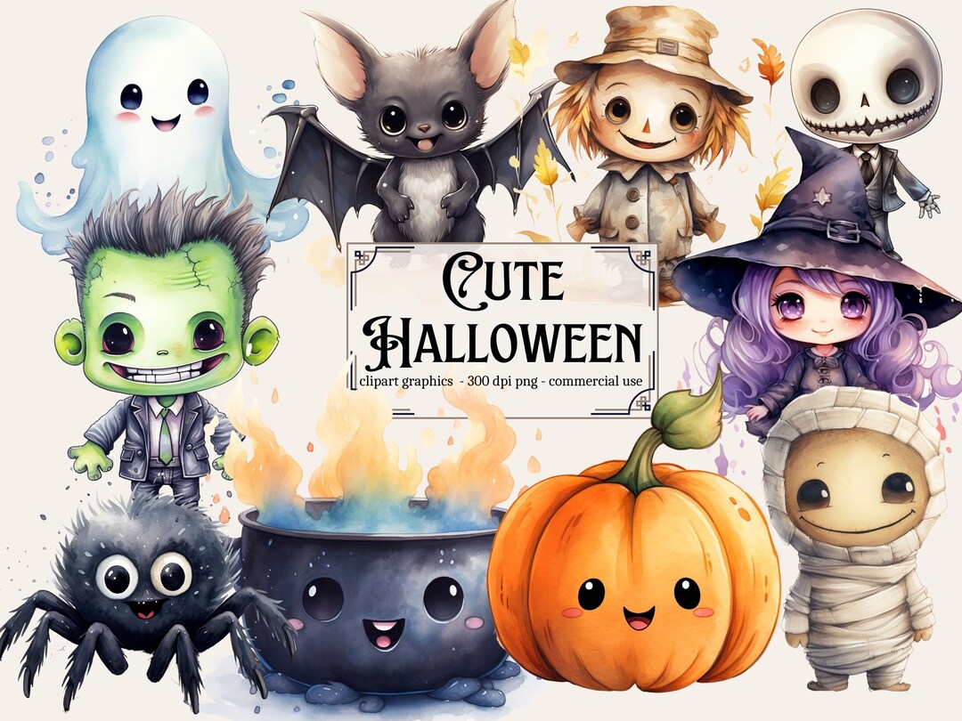Watercolor Halloween Cute Ghost Vampire Bat Frankenstein Pumpkin Mummy ...