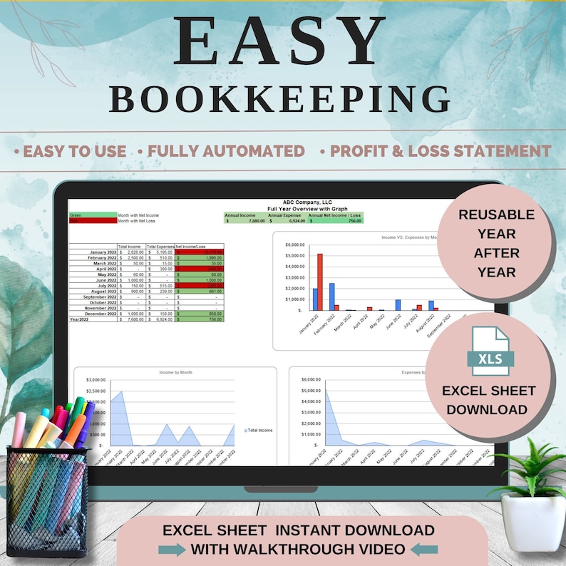 Easy Bookkeeping Template, Excel Template, Small Business Bookkeeping ...