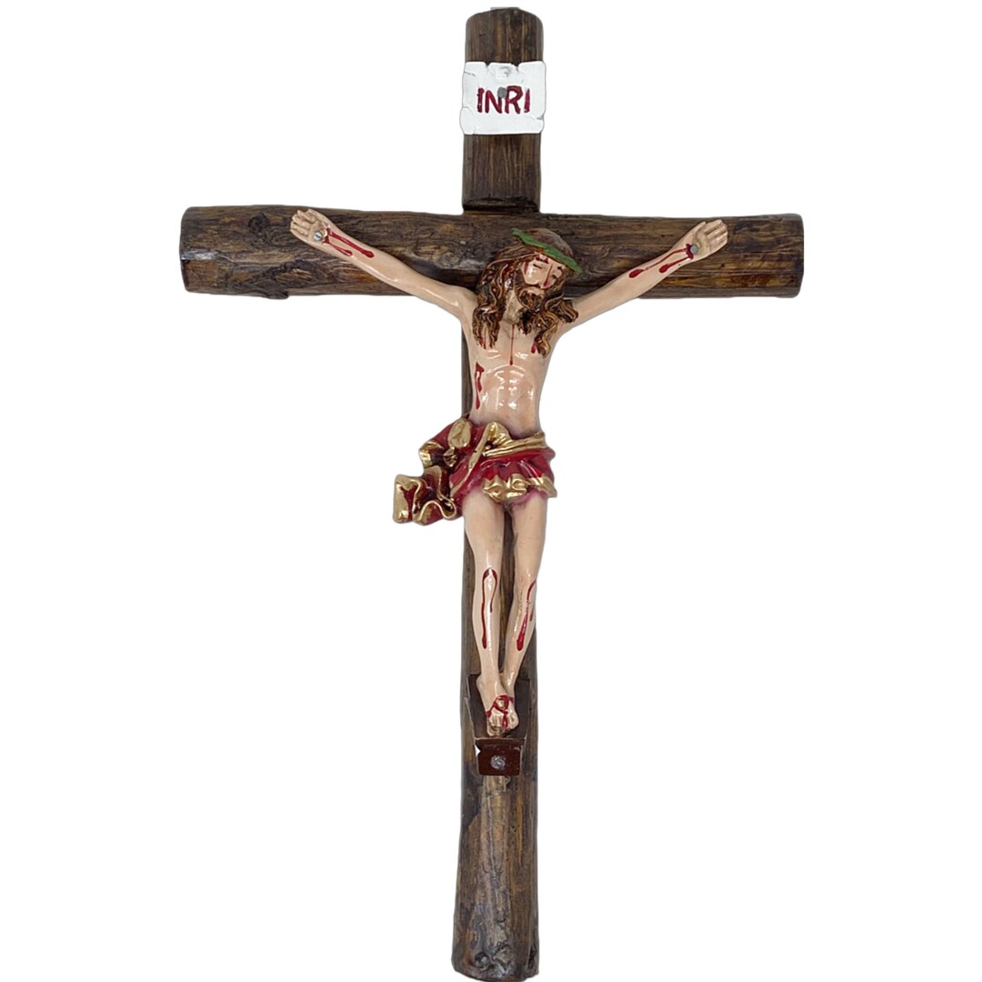 15 Inch Intricately Detailed Resin Jesus on Wooden Cross Red Clothe ...