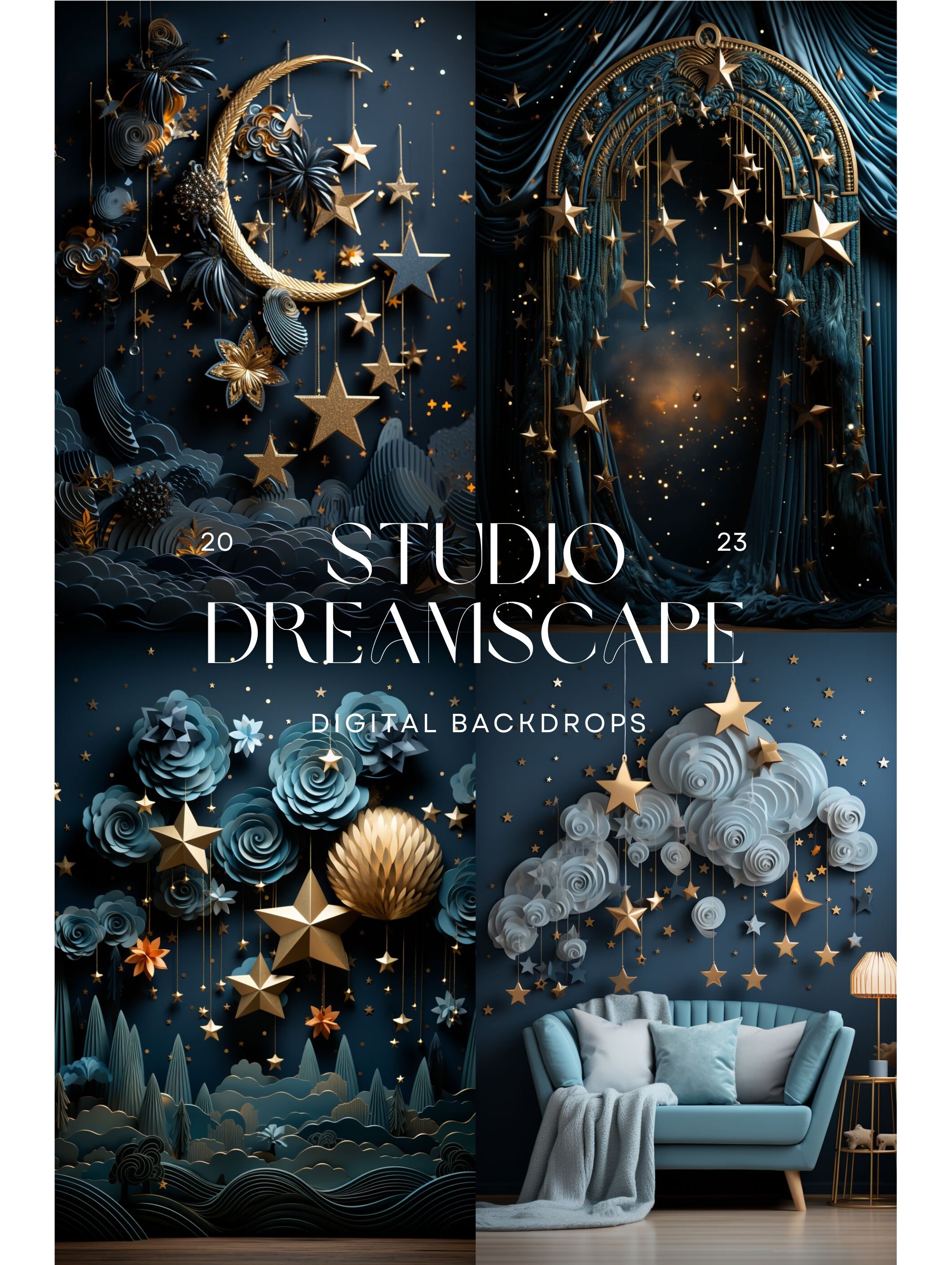 9 Starry Night Digital Backdrops | Dark Gold Backdrops | Christmas ...