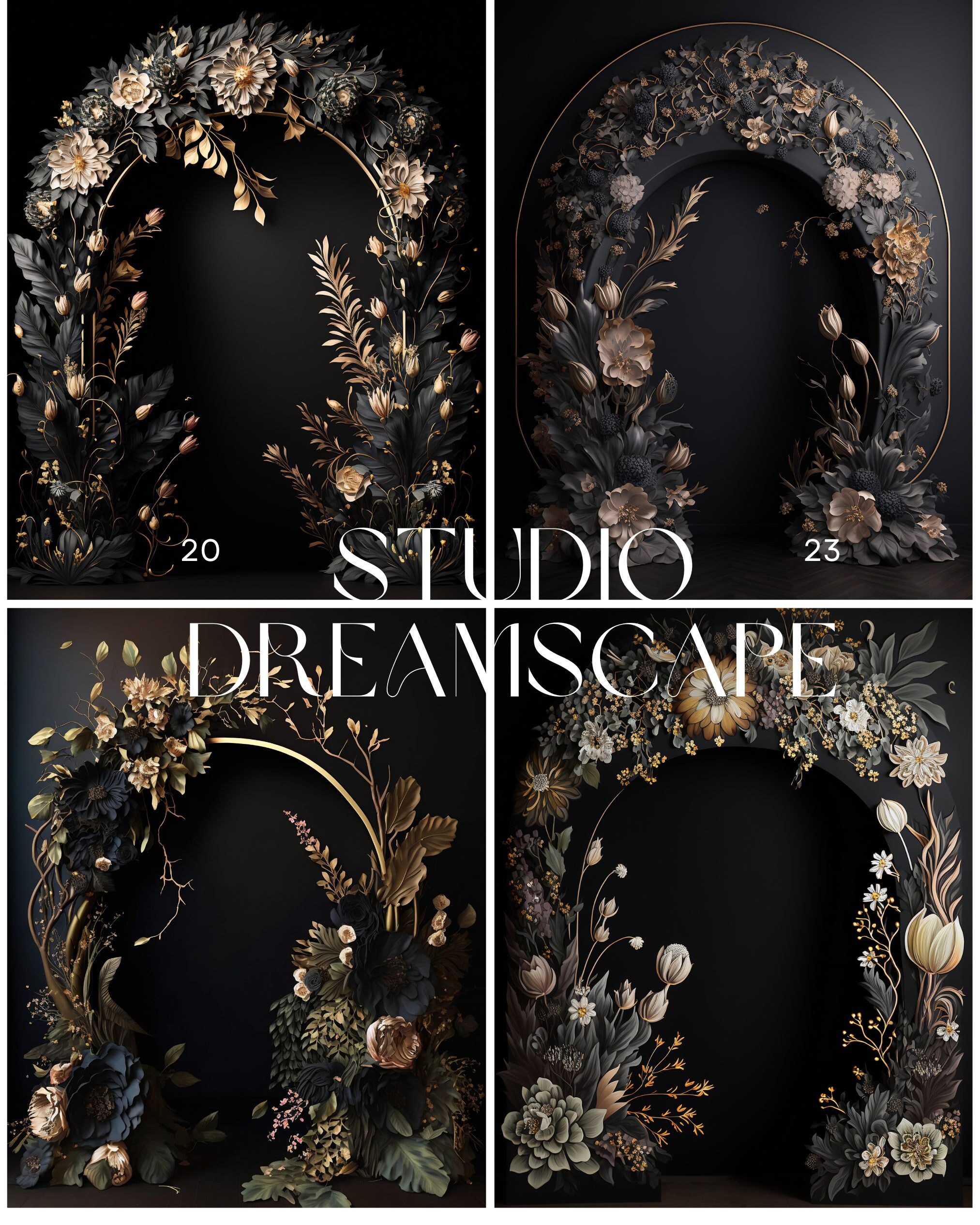 20 Black Floral Digital Backdrops | Dark Moody Gold | Gothic Wedding ...