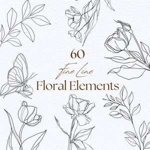 Fine Line Floral Clipart, Canva Element, Transparent Background, PNG ...