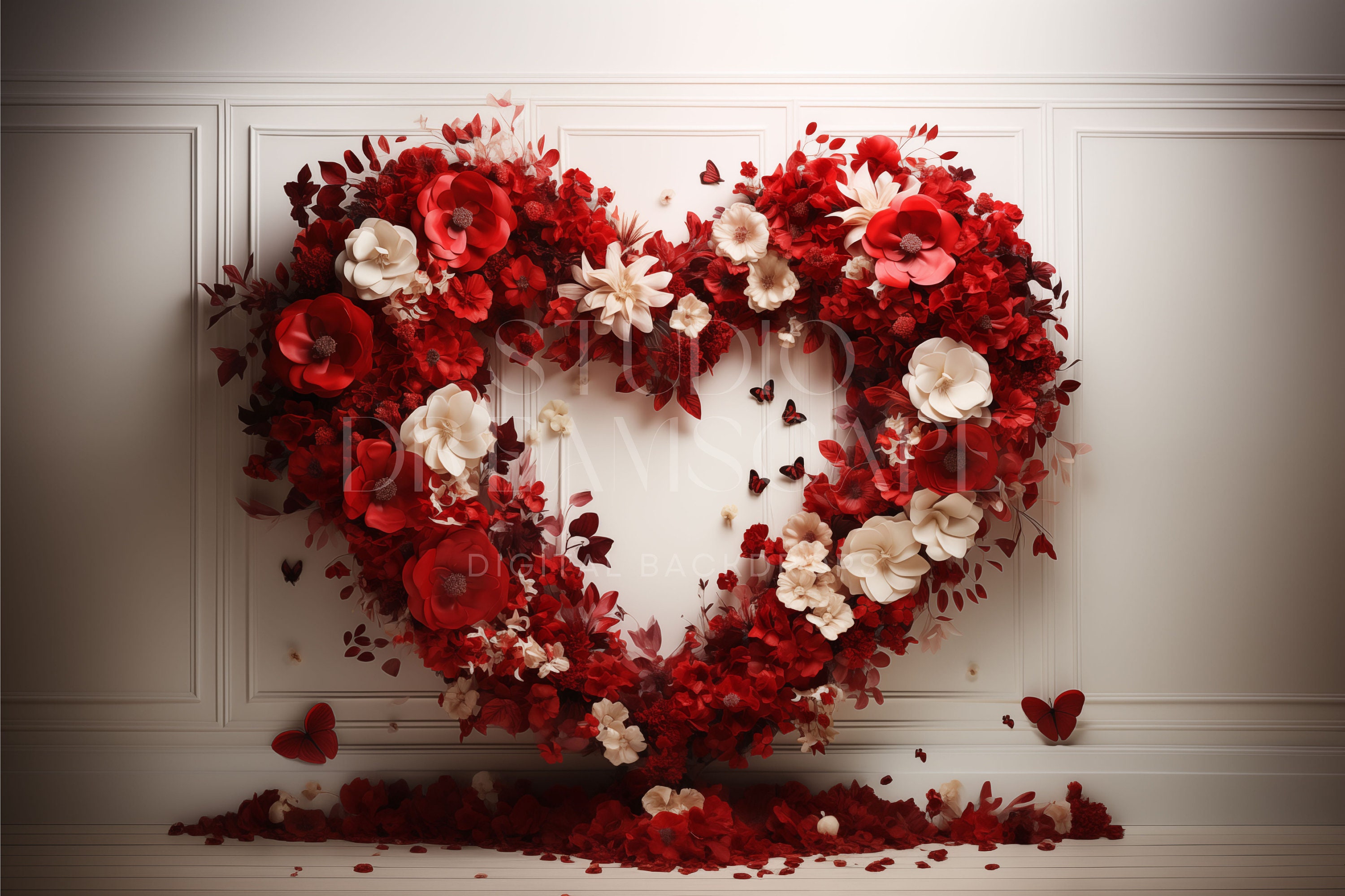 Floral Heart, 4 X Digital Backdrop, Valentine's Background, Wedding ...
