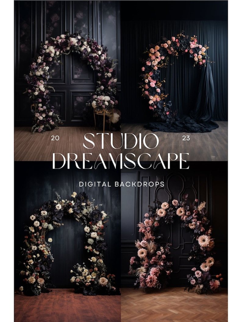 9 X Digital Backdrops, Black Floral Digital Backdrops, Dark Moody ...