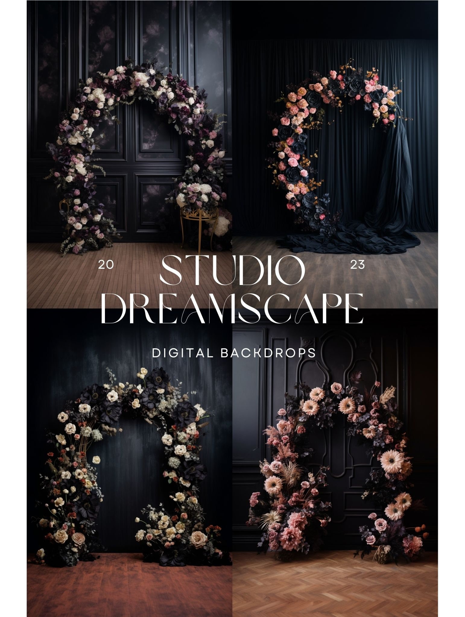 9 X Digital Backdrops, Black Floral Digital Backdrops, Dark Moody ...