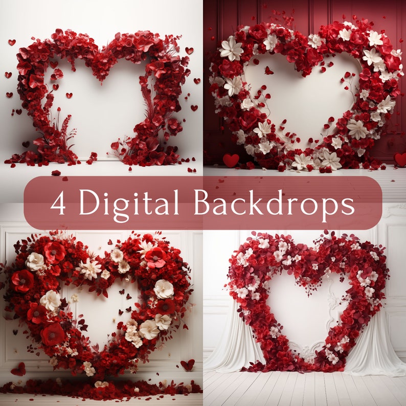 Floral Heart, 4 X Digital Backdrop, Valentine's Background, Wedding ...