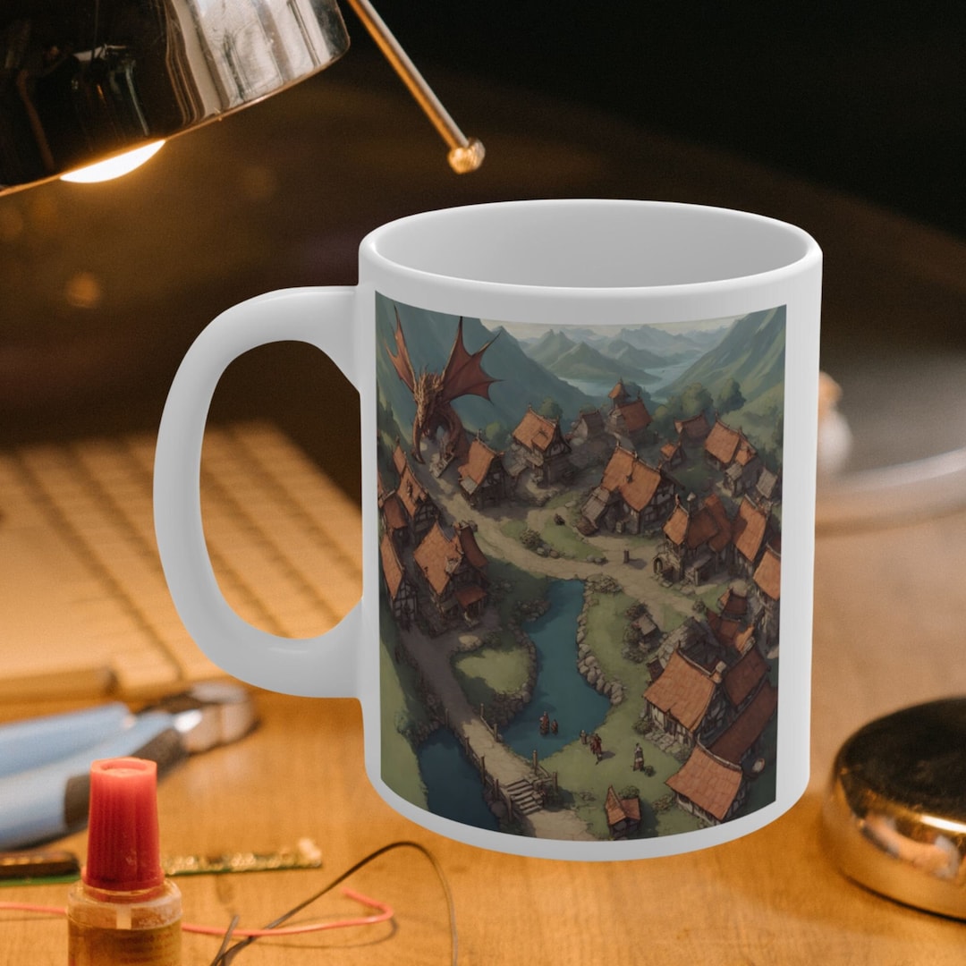 DND Mug, Dungeons and Dragons Village With Dragon, Dungeons and Dragons ...