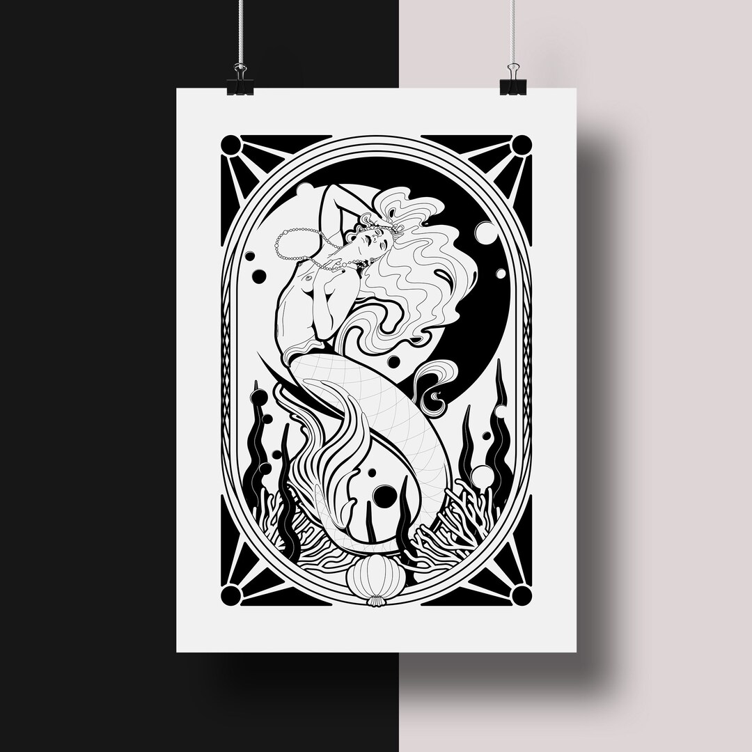Black and White Illustrated Mermaid Digital Print Monochromatic Vector ...
