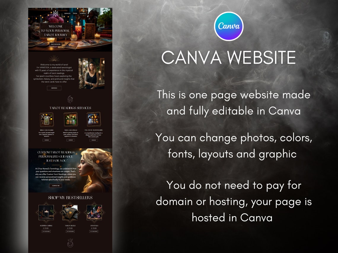 Dark Canva Website, Tarot Website Template Canva, Magic Astrologer ...